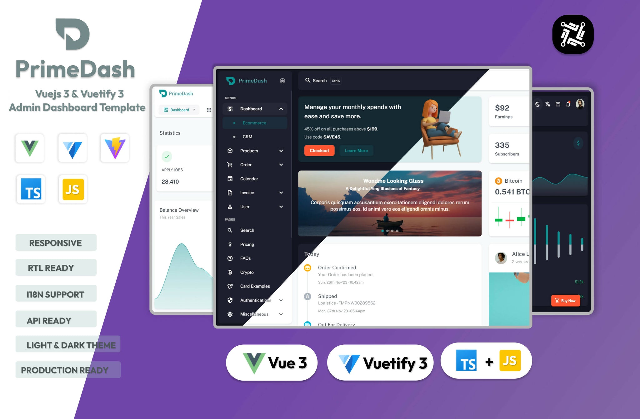 PrimeDash - VueJs Admin Template (Vuetify 3 + VueJs 3 + Typescript & J
